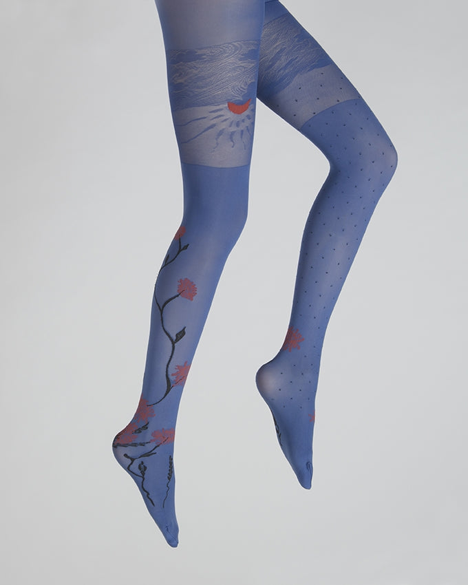 Collants agapanthes rouge fond bleu